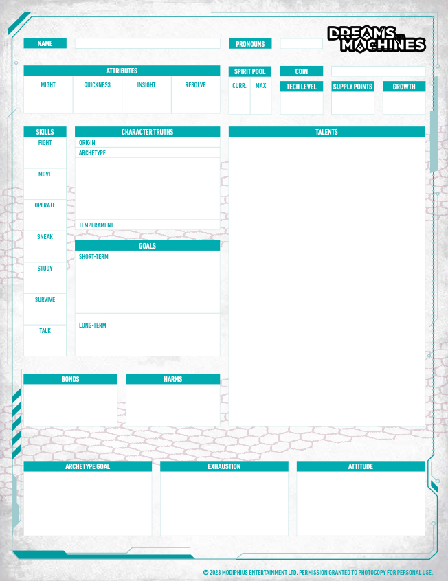 Dreams and Machines: Character Sheet PDF
